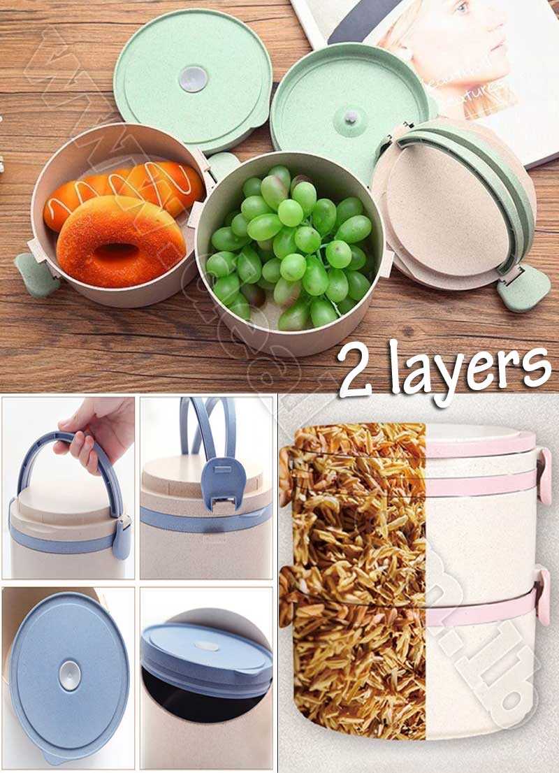Stacking Round 2 Layers Wheat Straw Plastic Bento Lunch Box